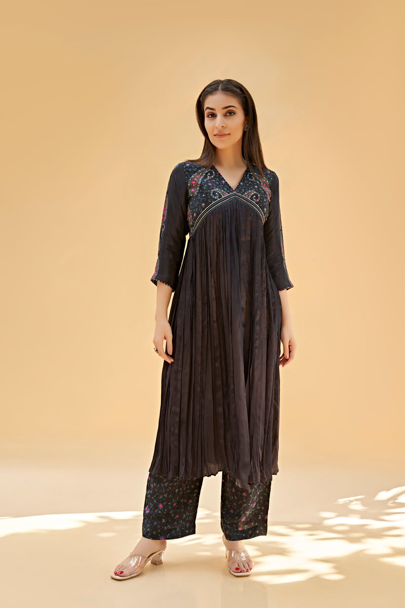 Charcoal - Black 3 Piece Flared Suit – Sukruti Design