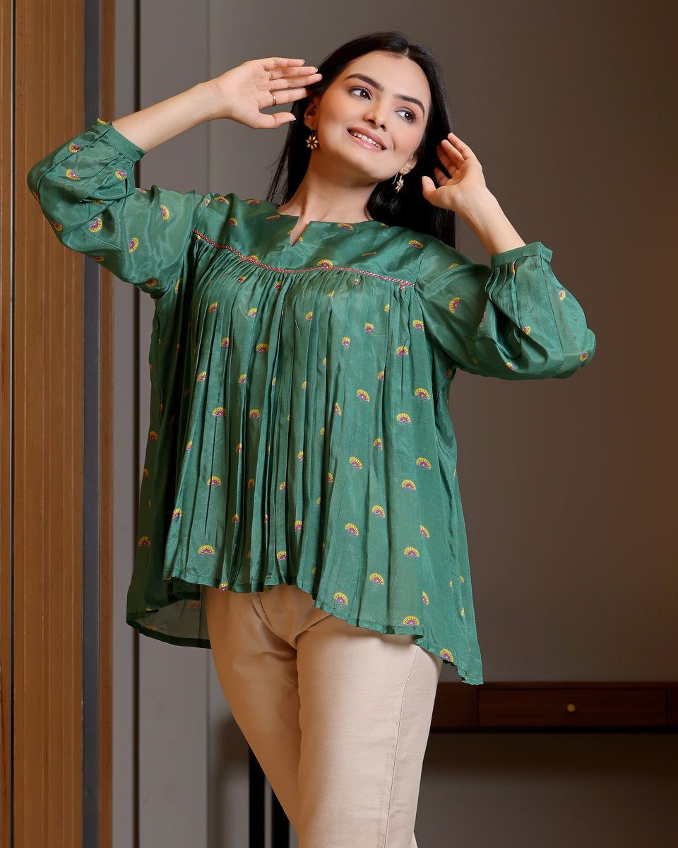 Mayura - Jade Green Flared Top – Sukruti Design